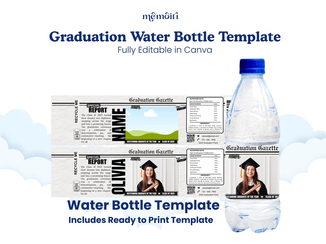 Graduation Water Bottle Label Template Newspaper Canva Wrapper, Bottled ...