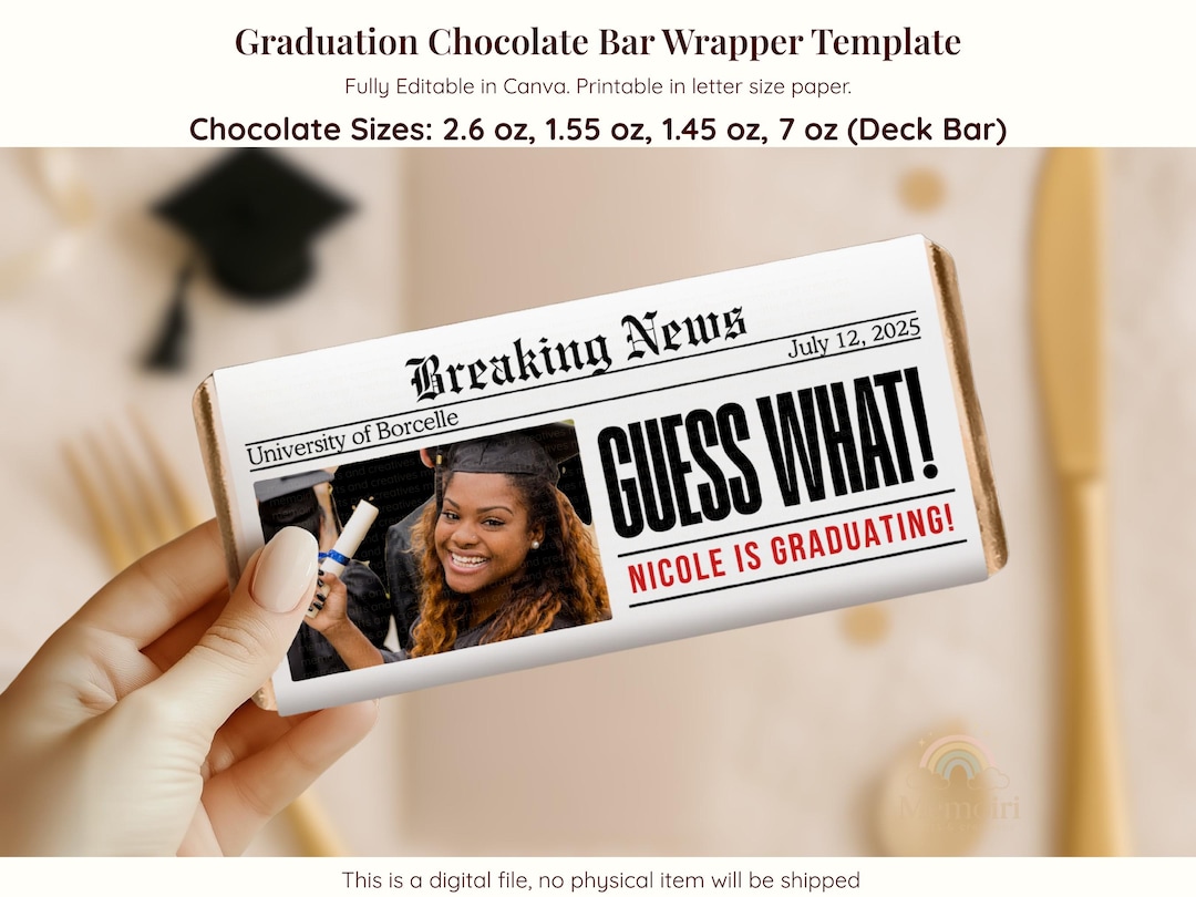 Newspaper Graduation Chocolate Bar Wrapper Template: Editable Candy ...