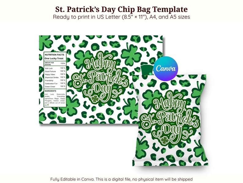 Editable St. Patrick’s Day Chip Bag Template, Shamrock Party Favor ...