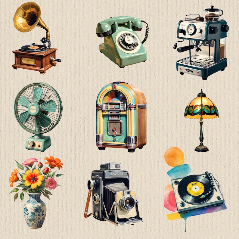 Retro Home Clipart Bundle, Vintage Nostalgic 1950s PNG, Retro Design ...