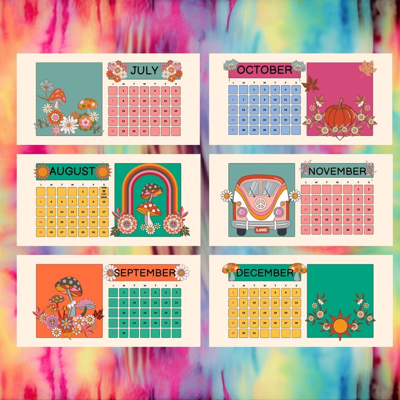 Printable Hippie Calendar 2024, PDF Downloadable Groovy Retro Calendar ...