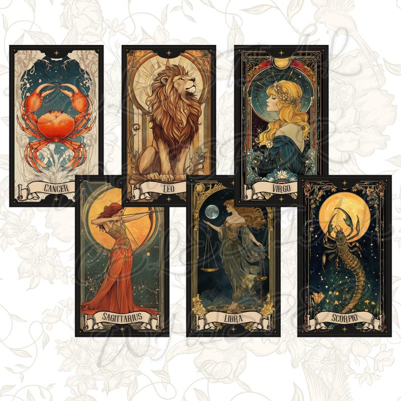 Printable Art Nouveau Zodiac Cards, Secession Astrology Tarot Deck ...