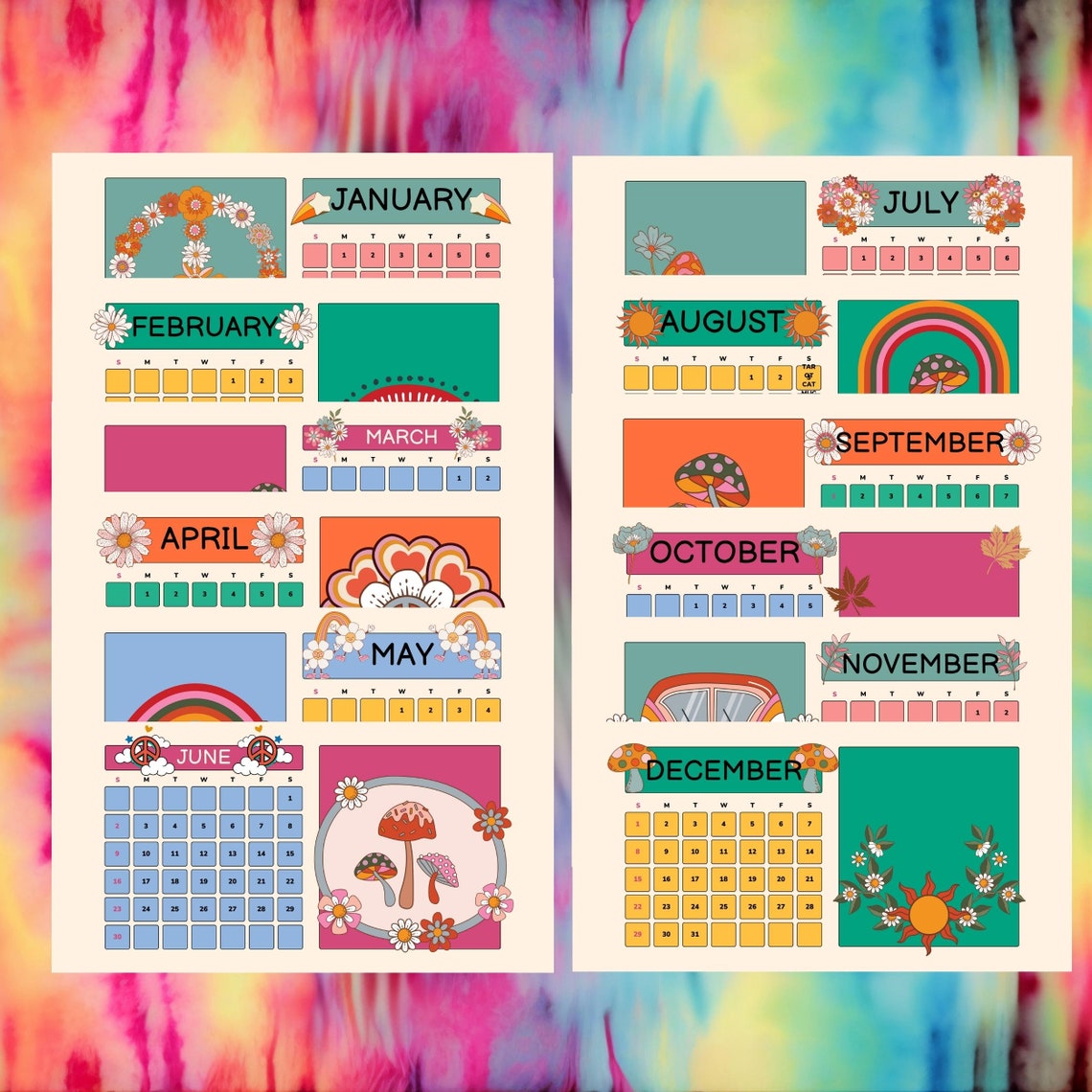 Printable Hippie Calendar 2024, PDF Downloadable Groovy Retro Calendar ...