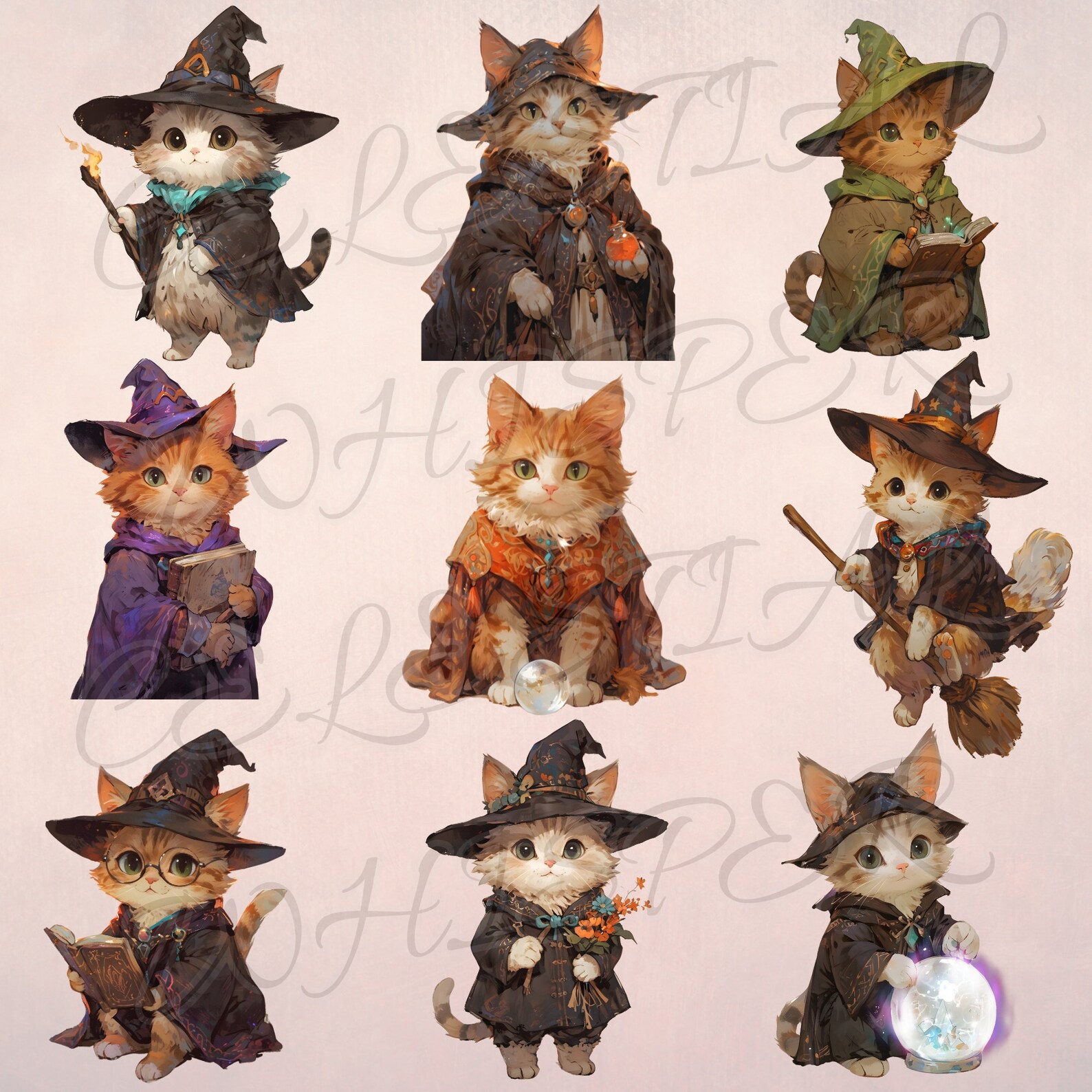 Witchy Cat Clipart, Wizard Cats Clip Art, Cute Halloween Cat Witch PNG ...
