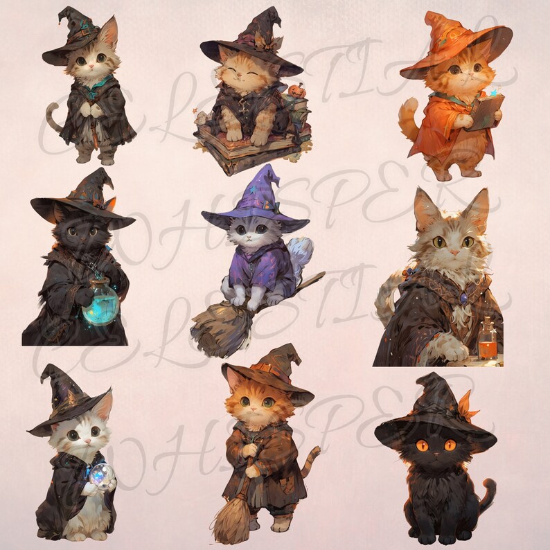 Witchy Cat Clipart, Wizard Cats Clip Art, Cute Halloween Cat Witch PNG, Watercolor Kitten ...