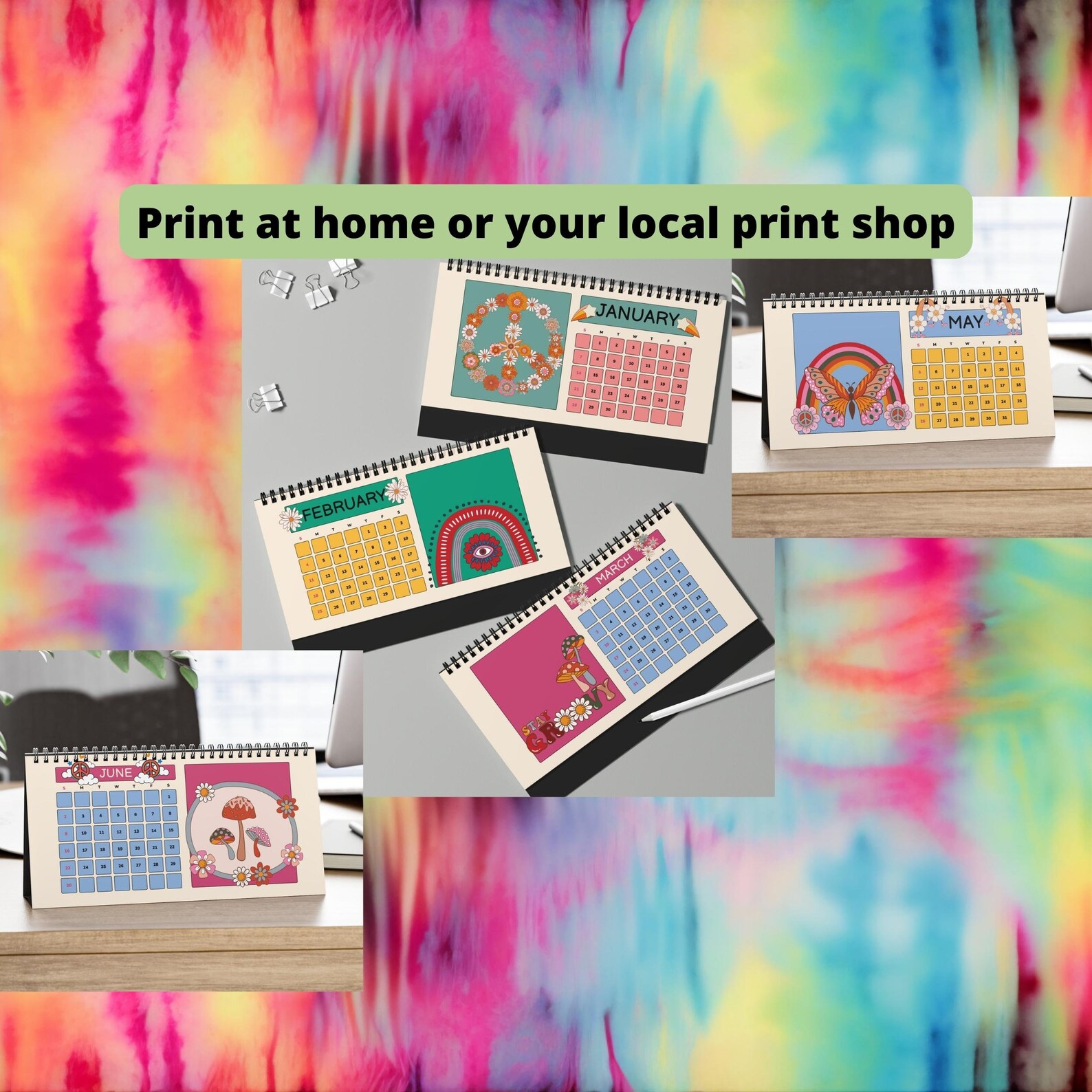 Printable Hippie Calendar 2024, PDF Downloadable Groovy Retro Calendar ...