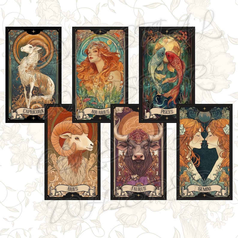 Printable Art Nouveau Zodiac Cards, Secession Astrology Tarot Deck ...