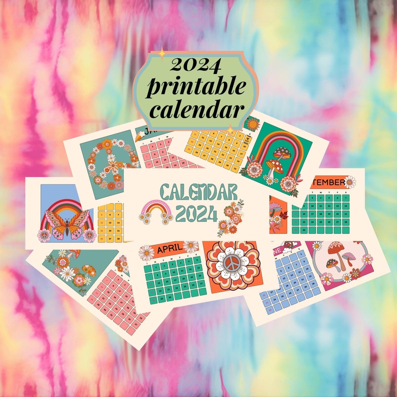 Printable Hippie Calendar 2024, PDF Downloadable Groovy Retro Calendar ...