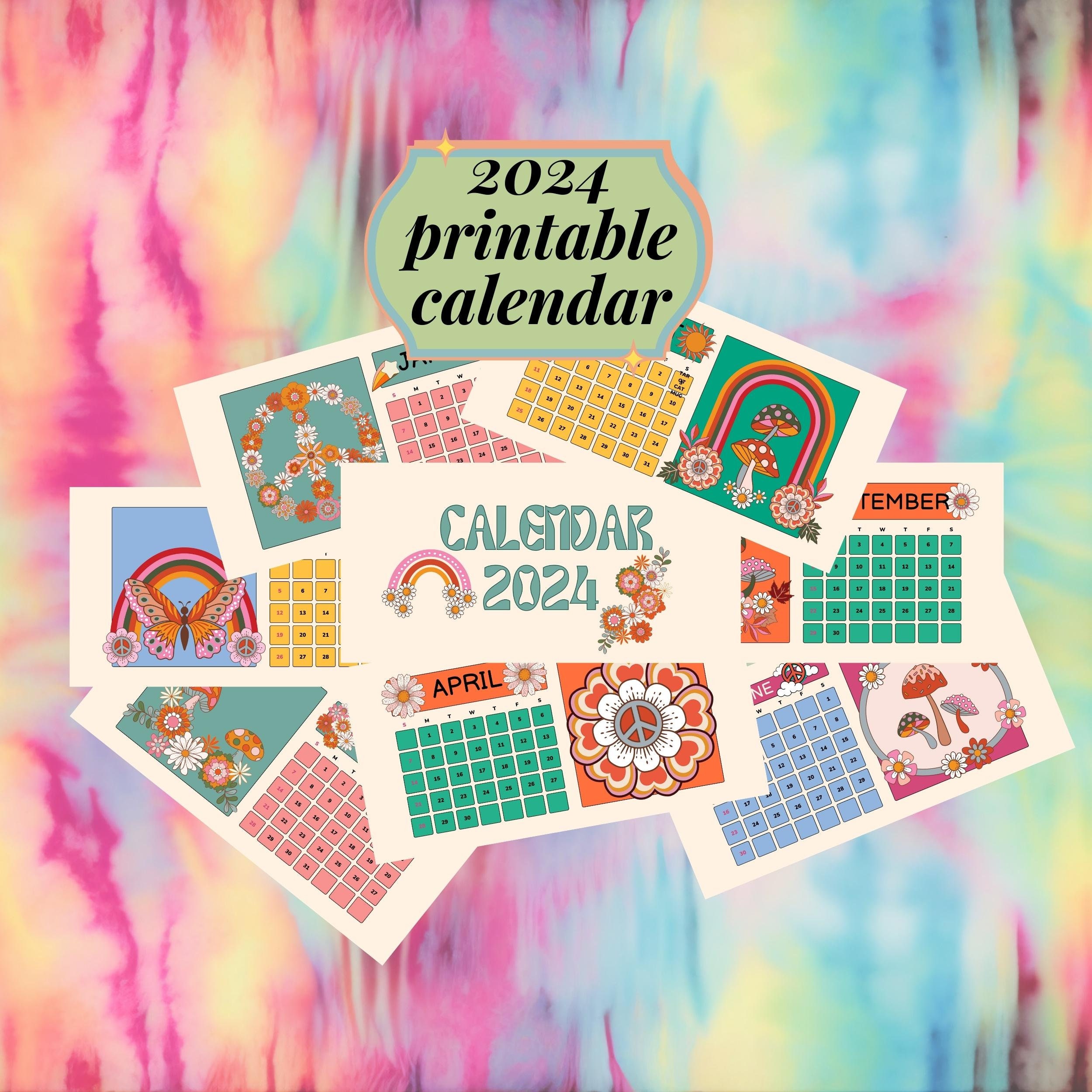 Printable Hippie Calendar 2024, PDF Downloadable Groovy Retro Calendar ...