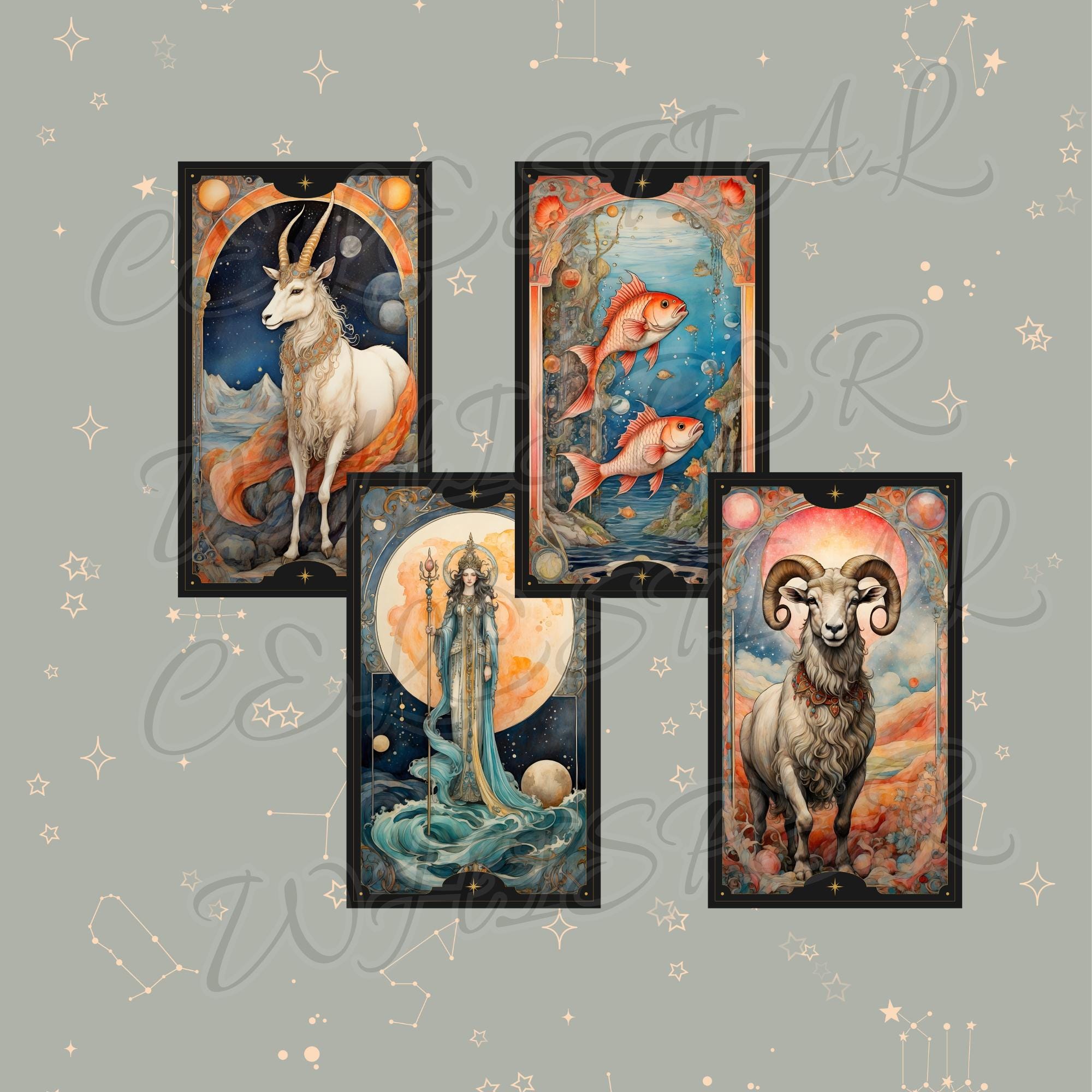 Printable Whimsical Zodiac Cards, 12 Horoscope Signs, Vintage Zodiac ...