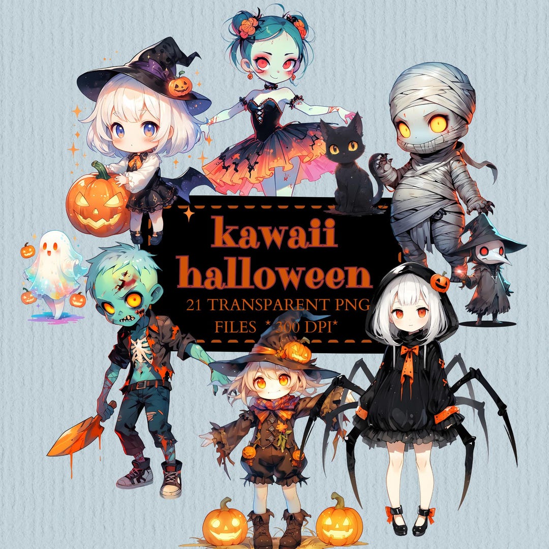 Cute Halloween Anime Clipart, Kawaii Halloween PNG, Spooky Anime Kids ...