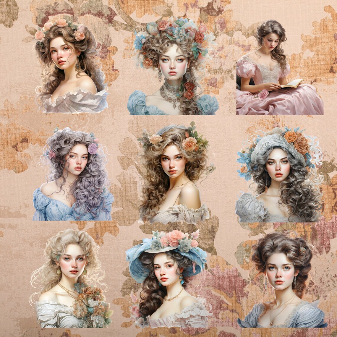 Rococo Girls Clipart, Vintage Rococo Ladies PNG, Royal Girls, Journal ...