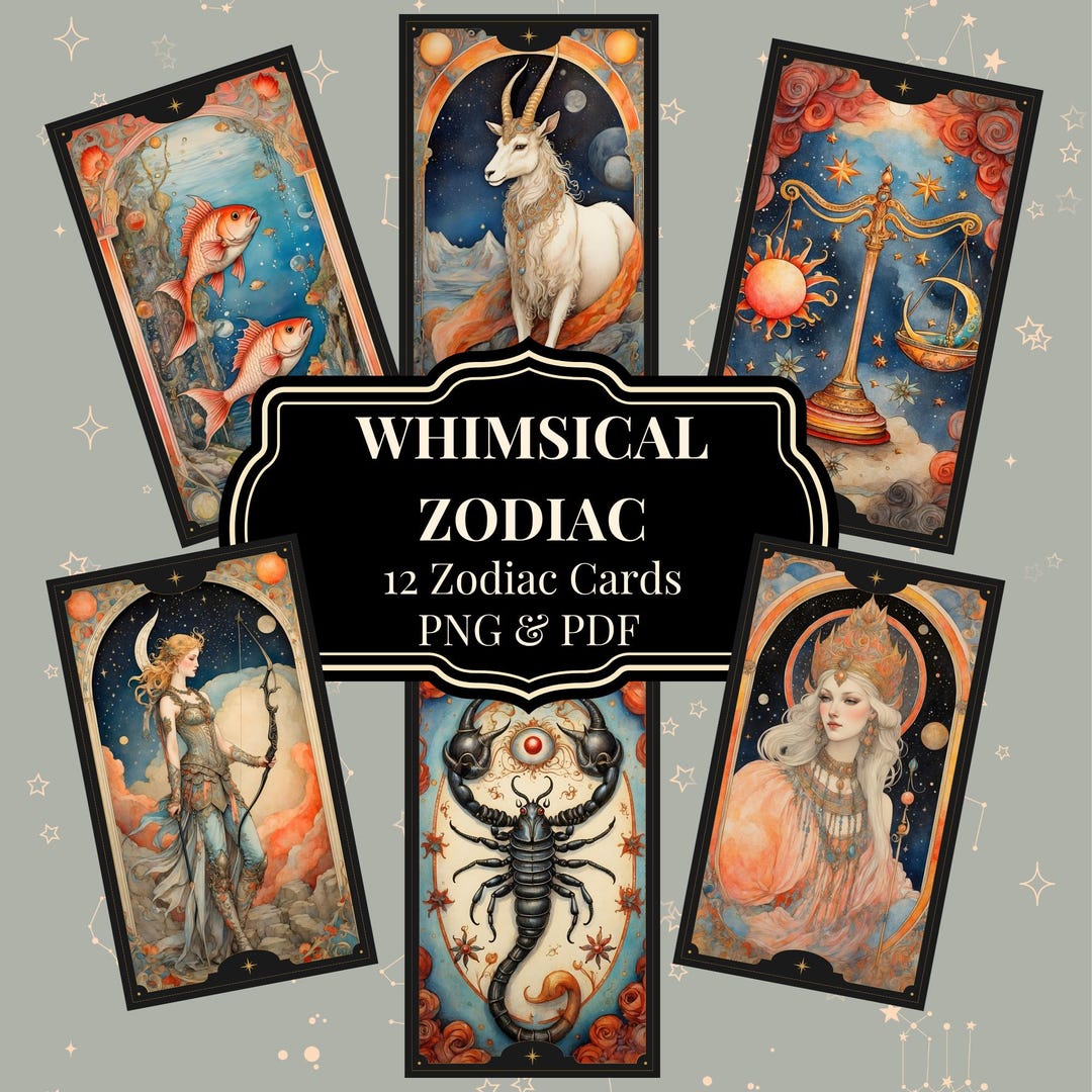 Printable Whimsical Zodiac Cards, 12 Horoscope Signs, Vintage Zodiac ...
