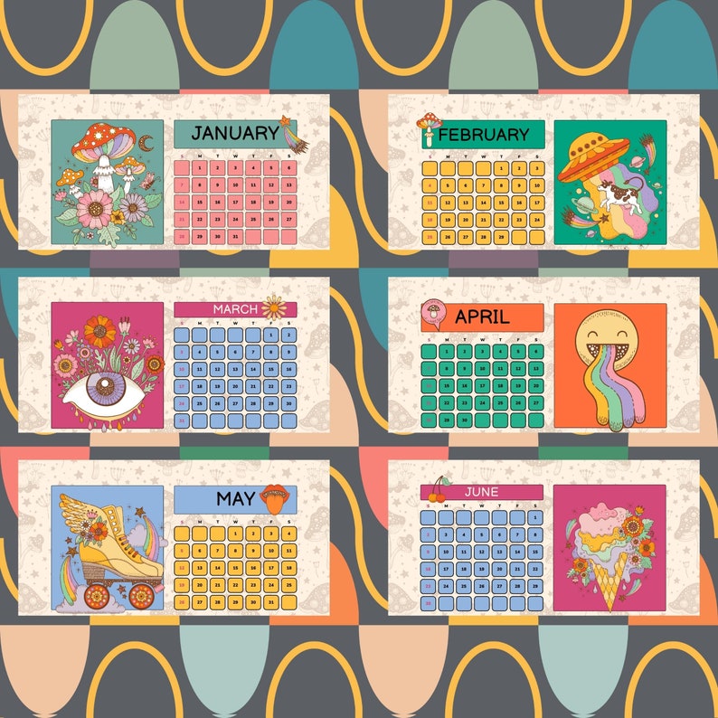 Groovy Printable Calendar Pages 2024, Digital Download Hippie Calendar ...