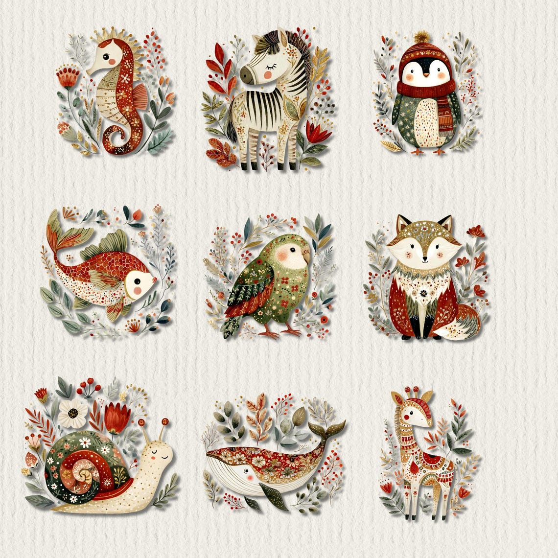 Folk Art Animal Clipart Bundle, Boho Woodland PNG Set, Rustic Forest ...