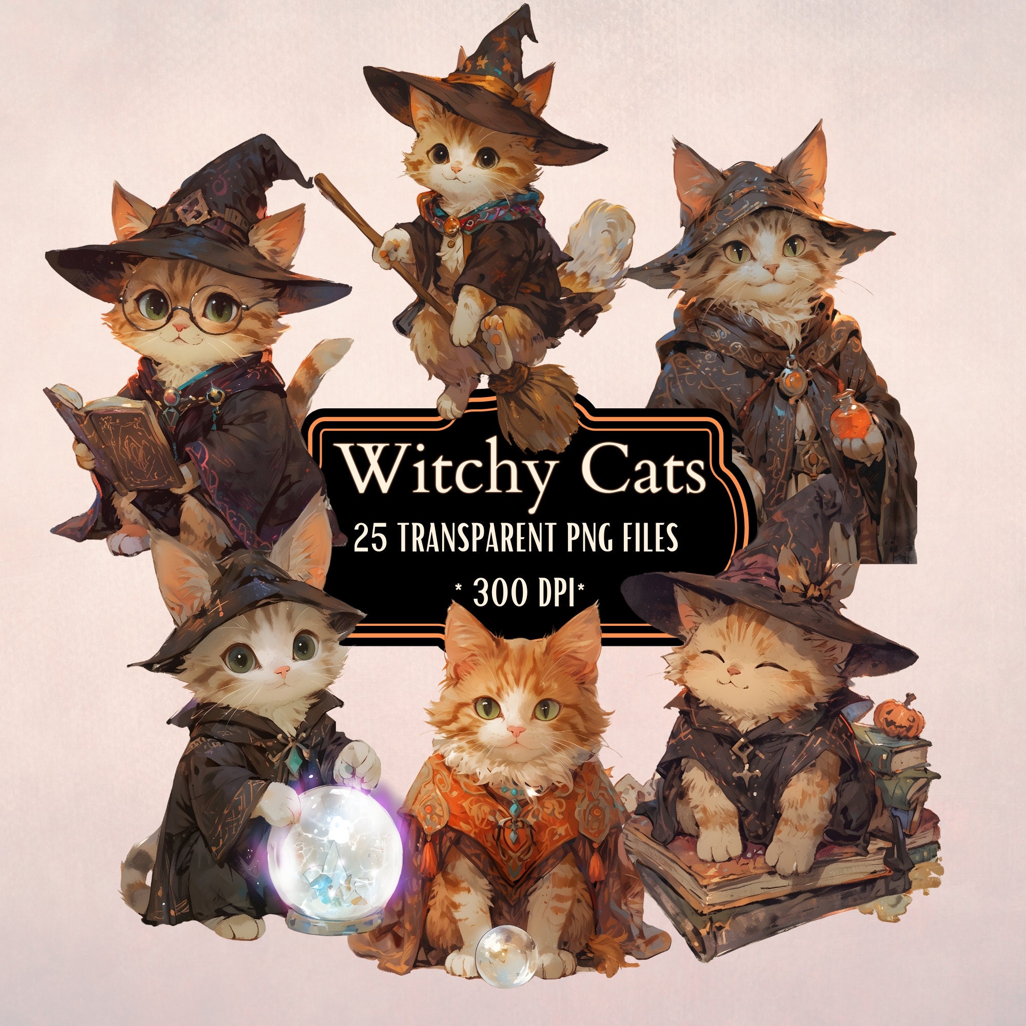 Witchy Cat Clipart, Wizard Cats Clip Art, Cute Halloween Cat Witch PNG ...