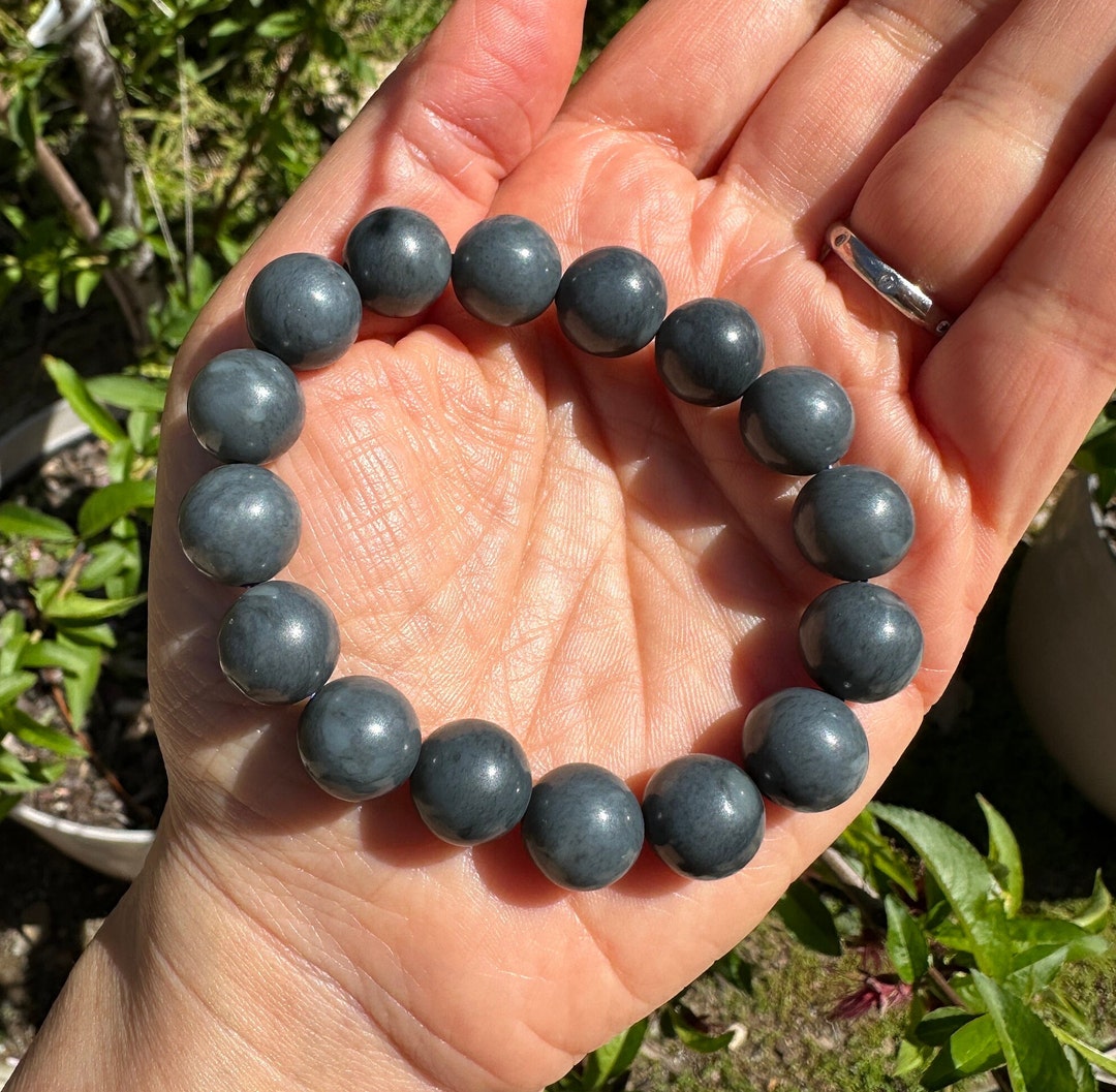 12.1mm Natural Qiemo Grayish Blue Hetian Nephrite Jade Bead Bracelet ...