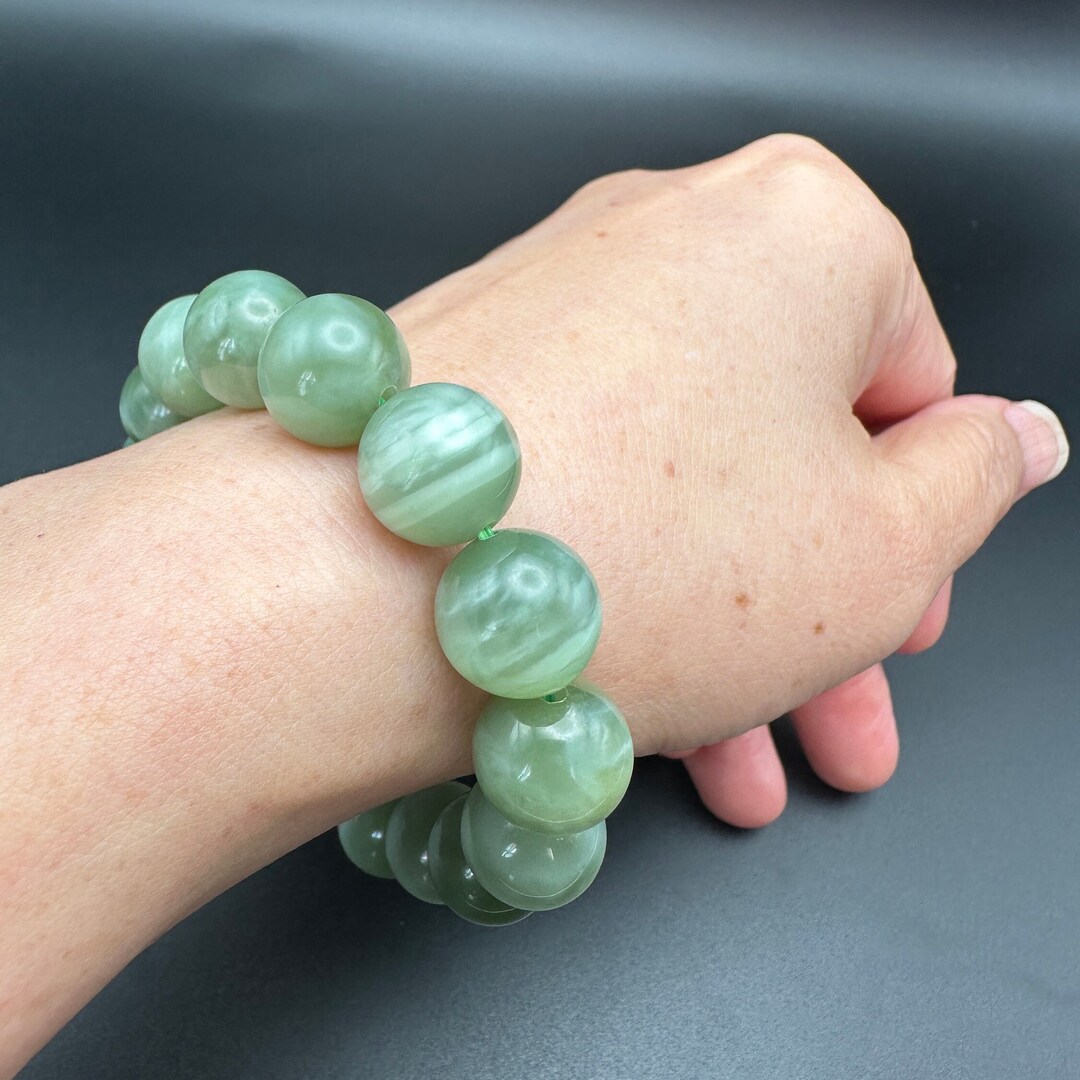 13mm Natural Siberian Chatoyant Green Hetian Nephrite Bead Bracelet fen ...