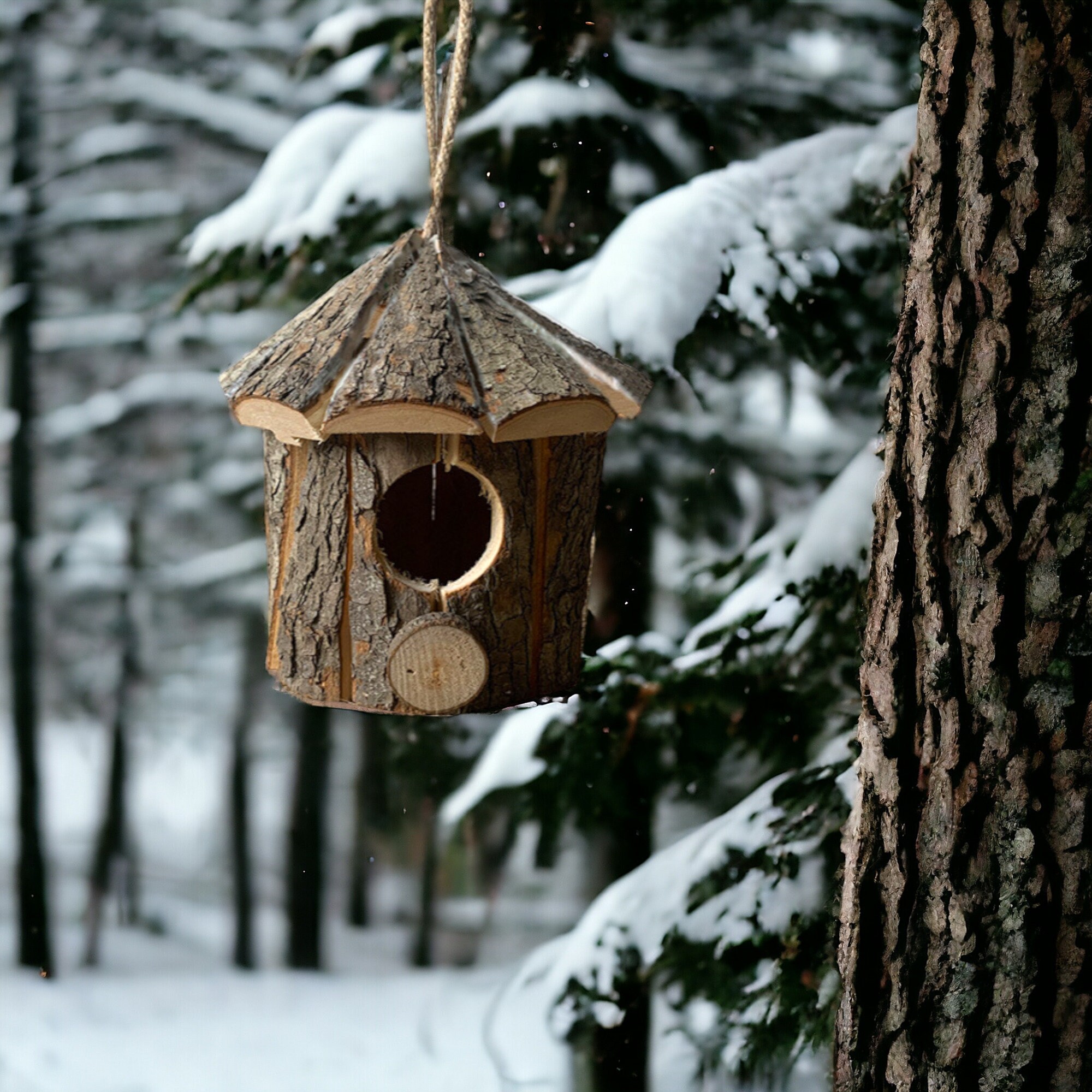 Cute Wooden Bark Bird House, Bird Lovers Gifts, Natural Wood Bird House Garden Decor, Garden ...