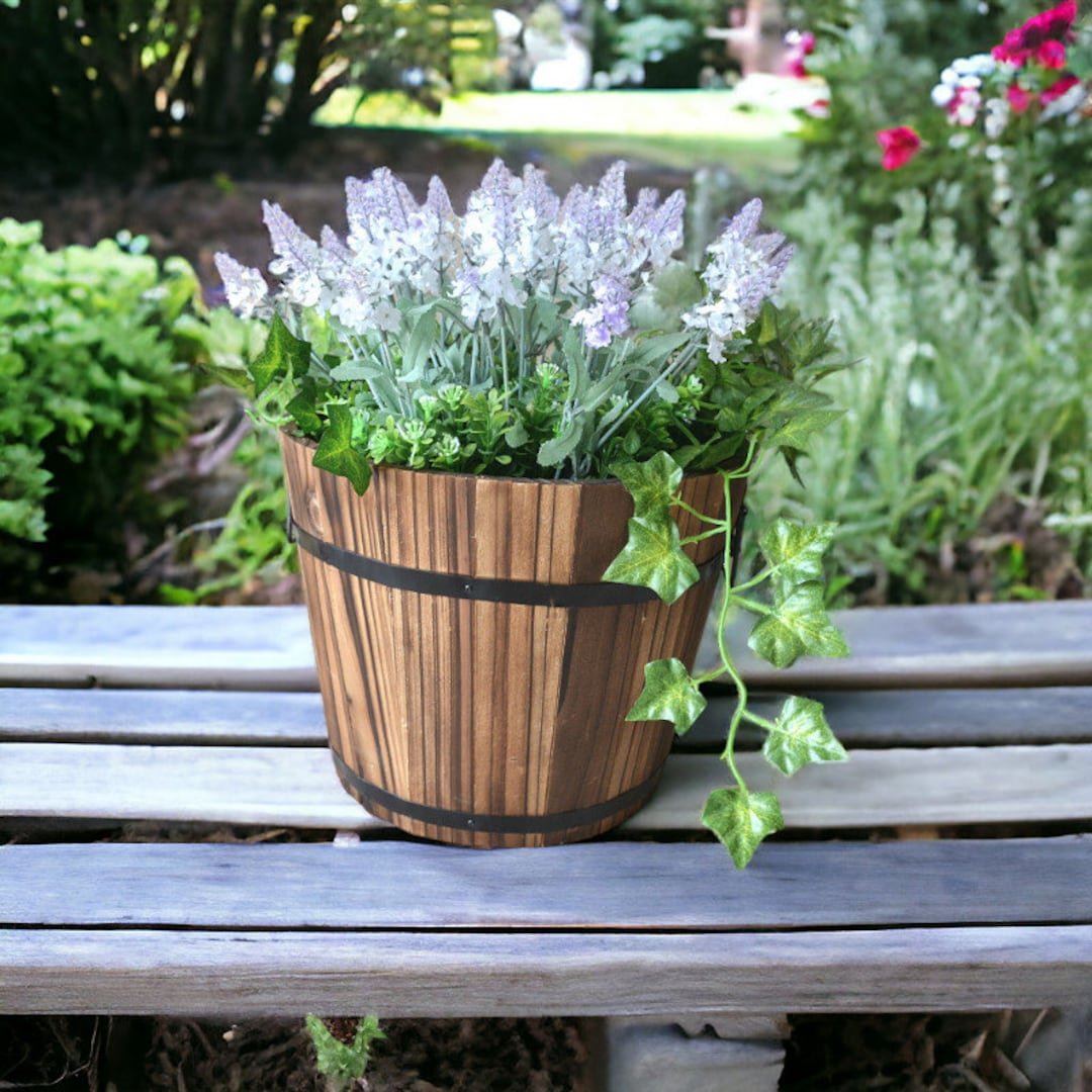 Round Wooden Barrel Flower Pots, Rustic Whisky Barrel Planters, Retro ...