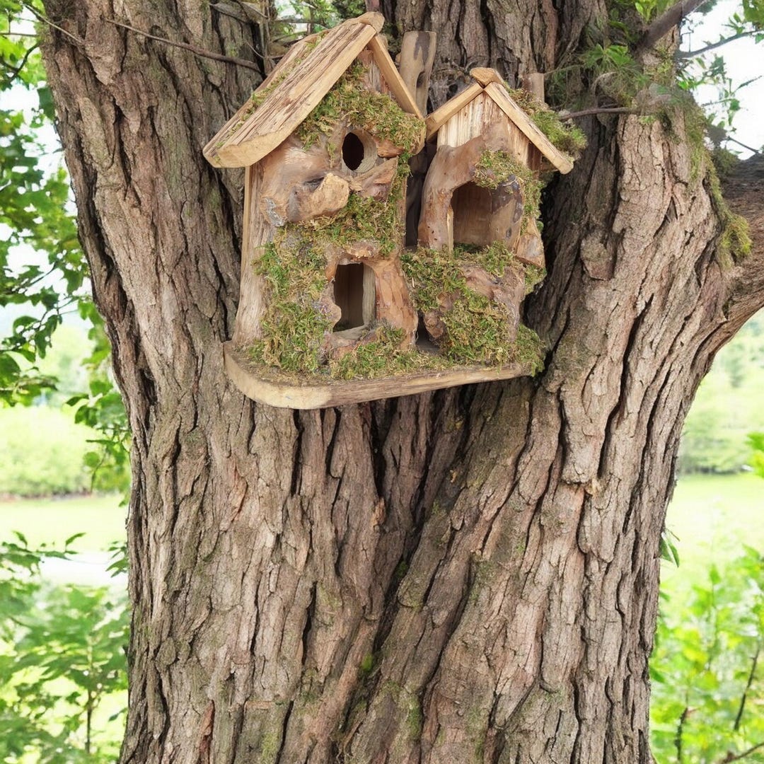New Natural Bark Wood Bird House, Unique Christmas Outdoor Decor for ...