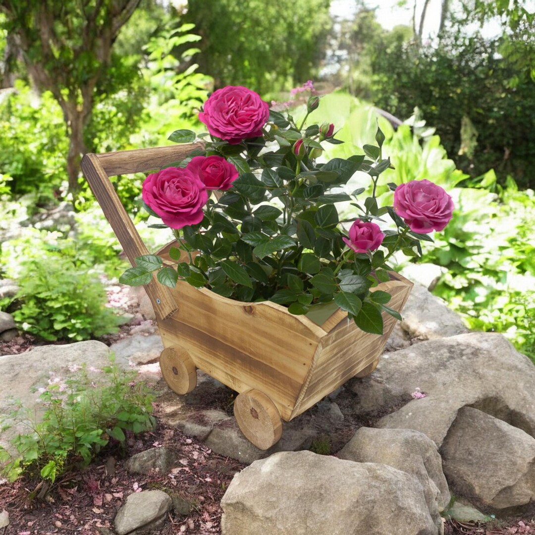 Rustic Wooden Cart Plant Pot, Vintage Cart Planter, Retro Wood Cart ...