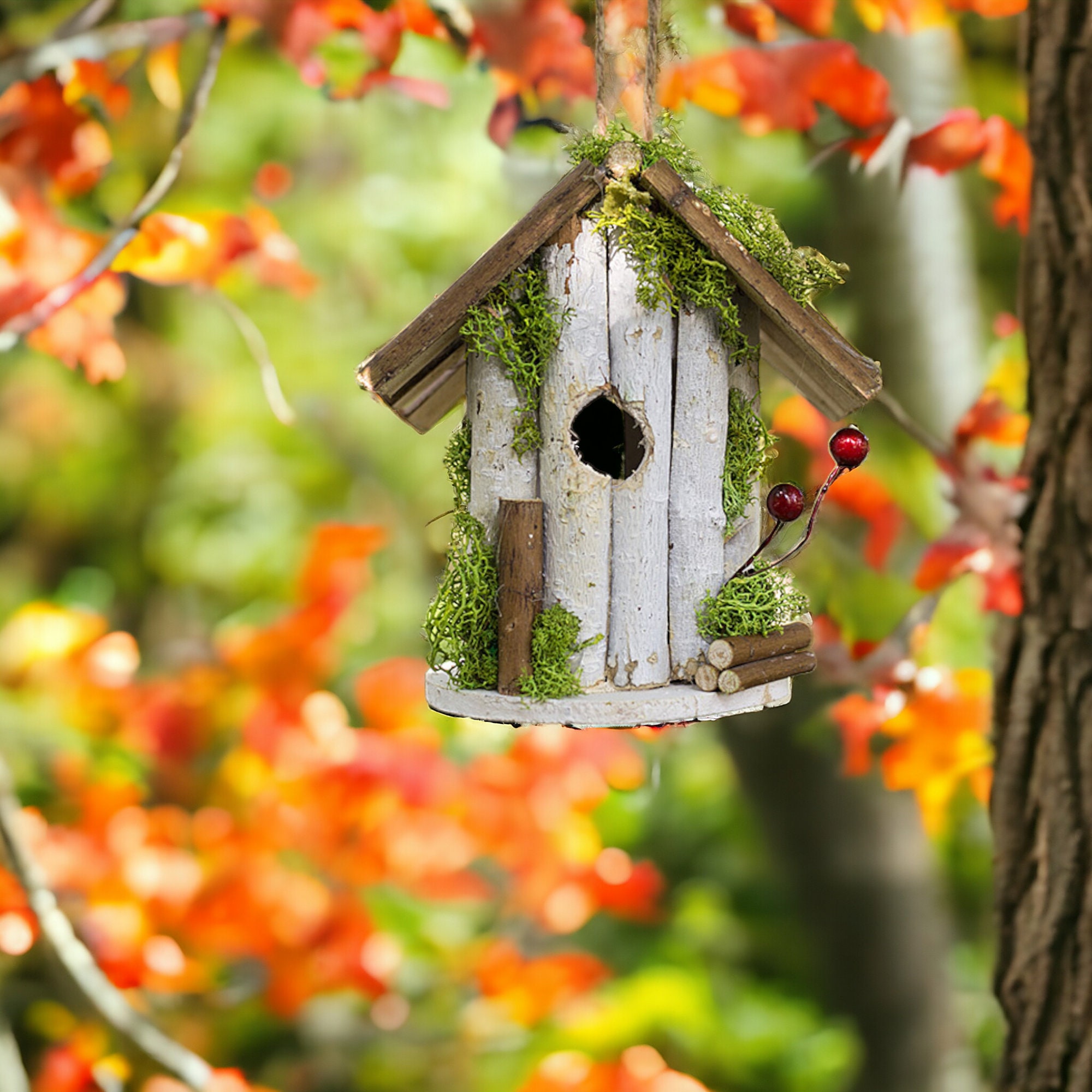 Log Cabin Style Natural Bark Bird House, Bird Lovers Gift, Wooden Bird ...