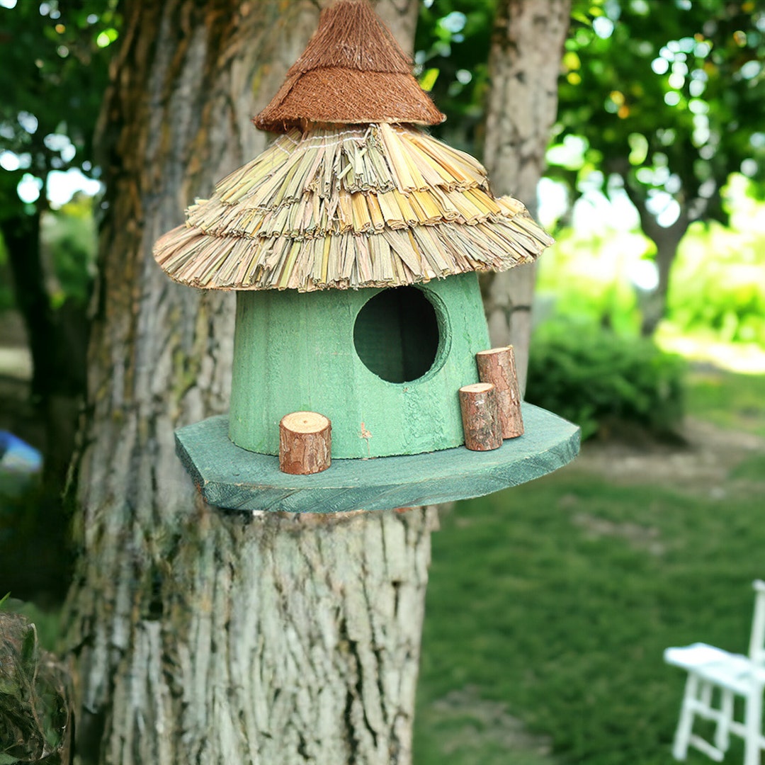 Thatched Roof Wooden Bird House, Unique Wood Bird House Garden Decor ...