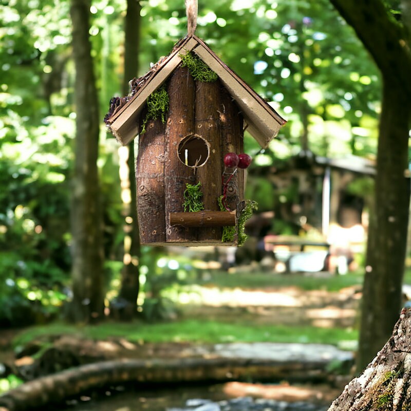 Log Cabin Style Natural Bark Bird House, Bird Lovers Gift, Wooden Bird ...