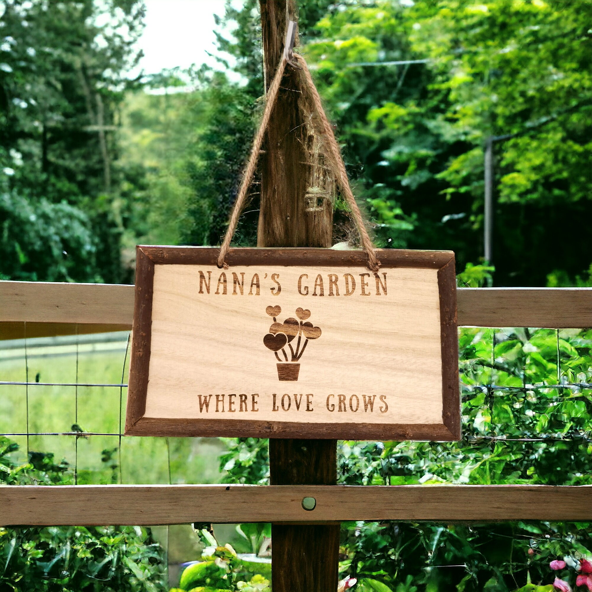 Personalised Wooden Garden Sign, Custom Engraved Text Hanging Sign ...