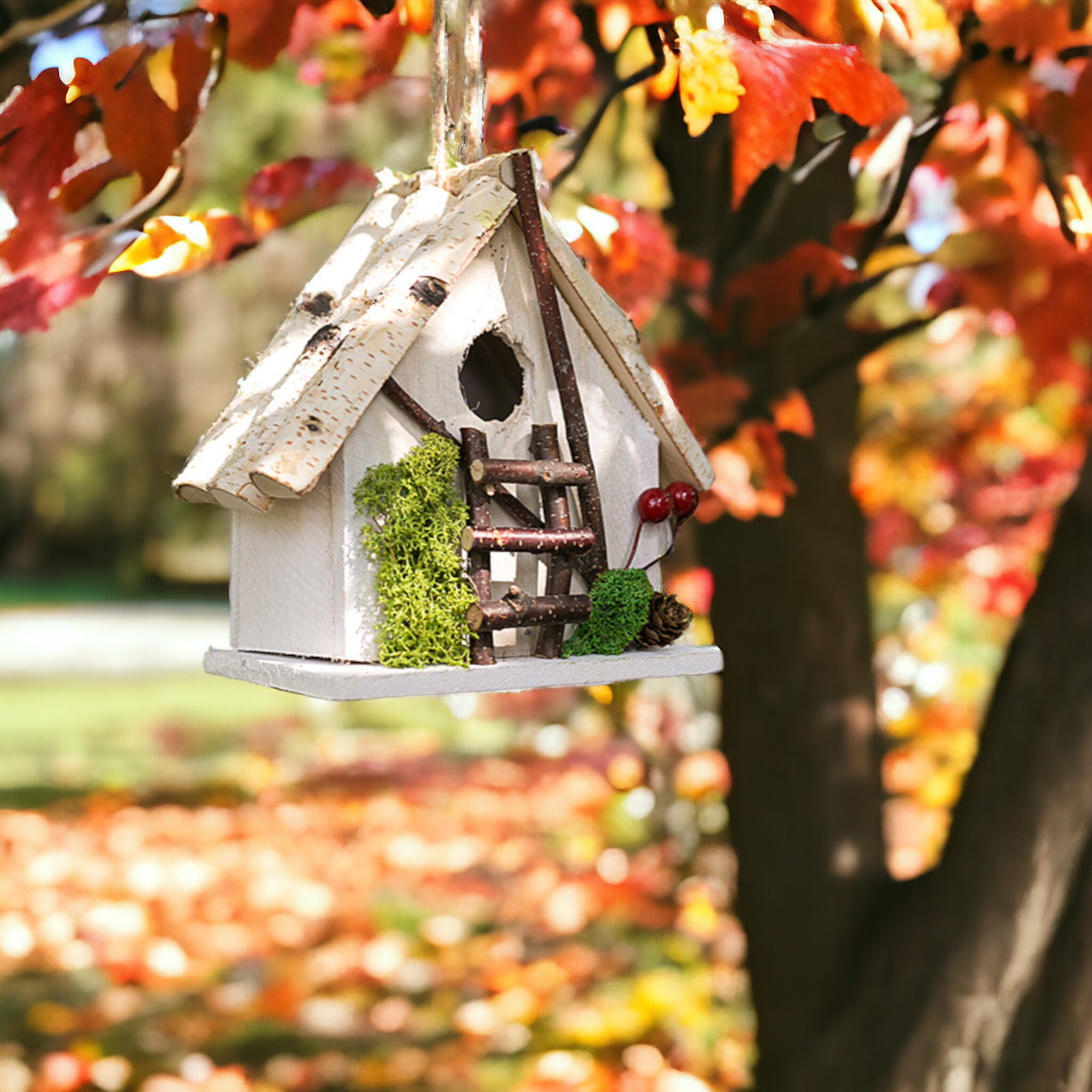 Log Cabin Style Natural Bark Bird House, Bird Lovers Gift, Wooden Bird ...