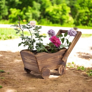 Rustic Wooden Cart Plant Pot, Vintage Cart Planter, Retro Wood Cart ...