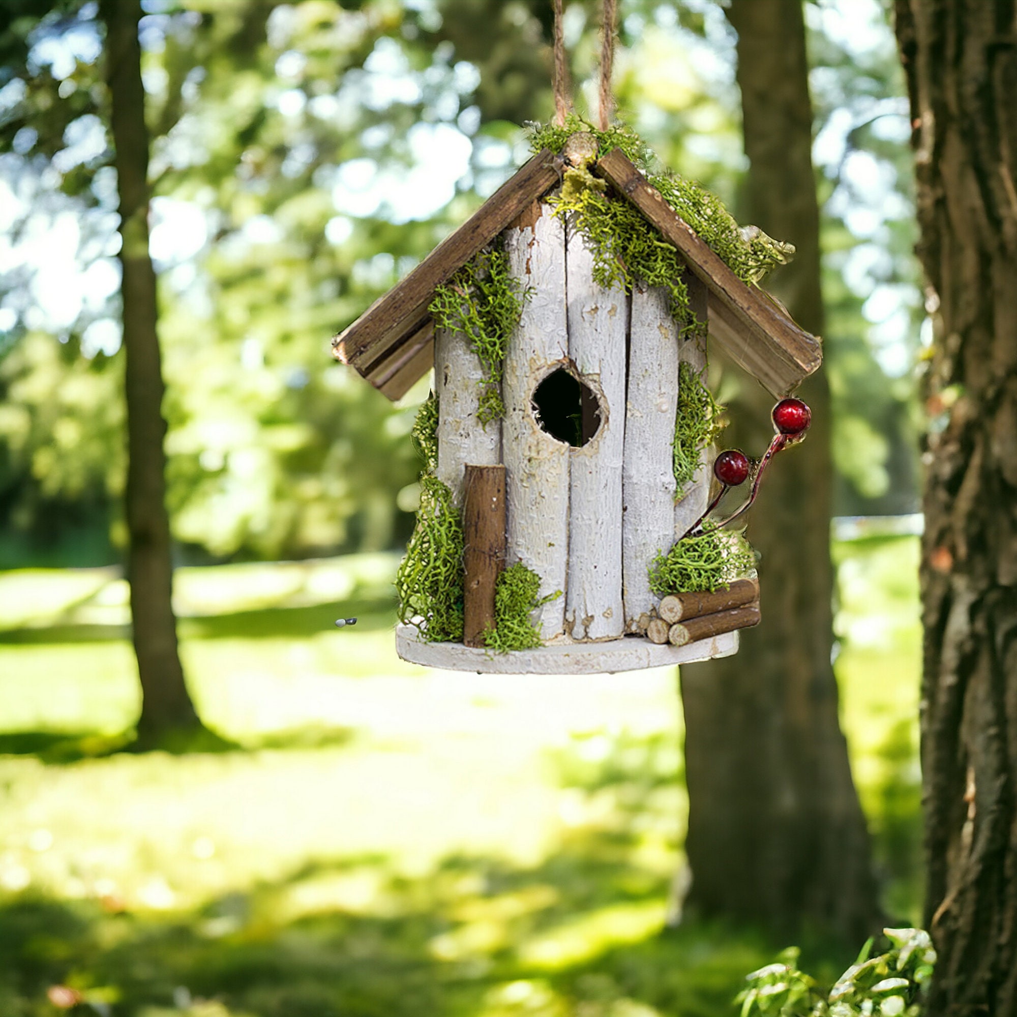 Log Cabin Style Natural Bark Bird House, Bird Lovers Gift, Wooden Bird ...