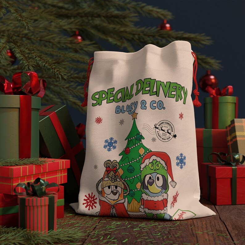Bluey Grinch Christmas Santa Linen Gift Bag - Etsy Australia