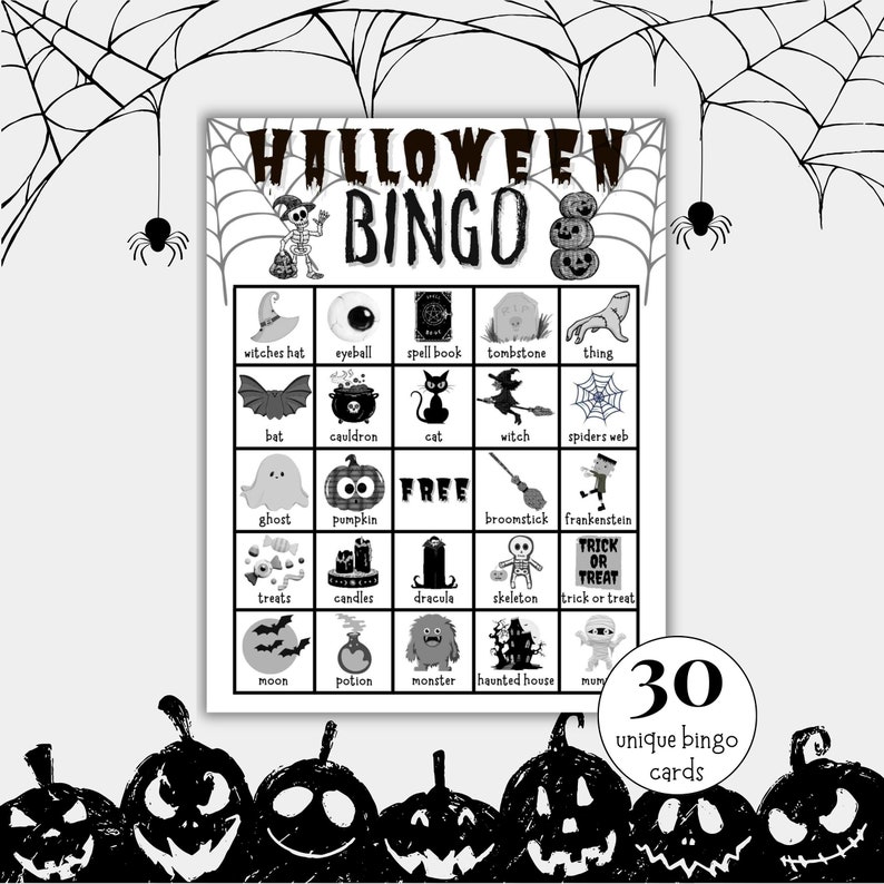 30 Halloween Bingo Cards Game Printable, Kids Halloween Party Game, Fun ...