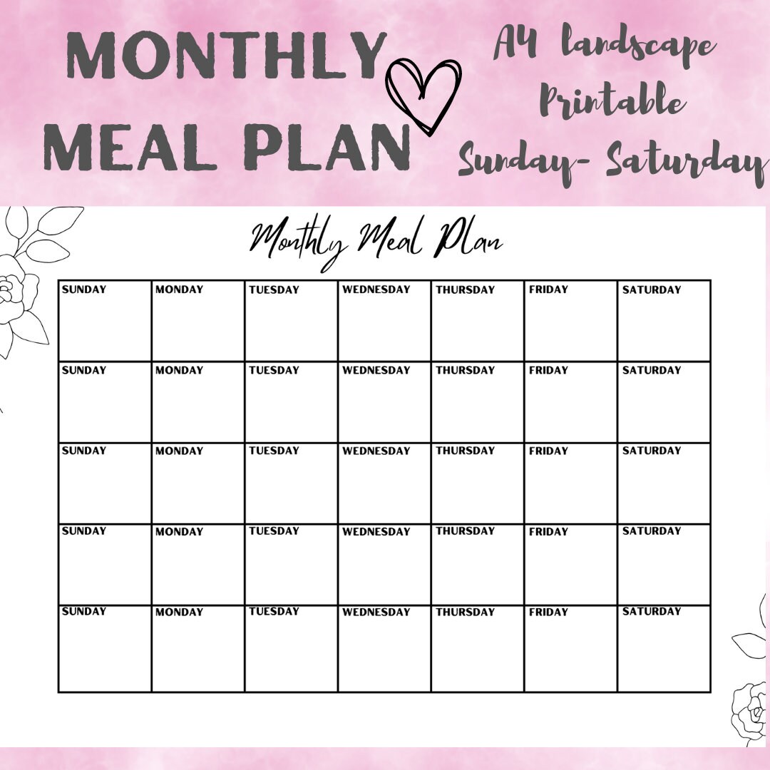 A4 Landscape Printable Monthly Meal Planner, Digital Monthly Meal Plan ...