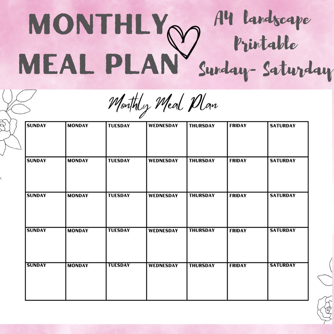 A4 Landscape Printable Monthly Meal Planner, Digital Monthly Meal Plan ...