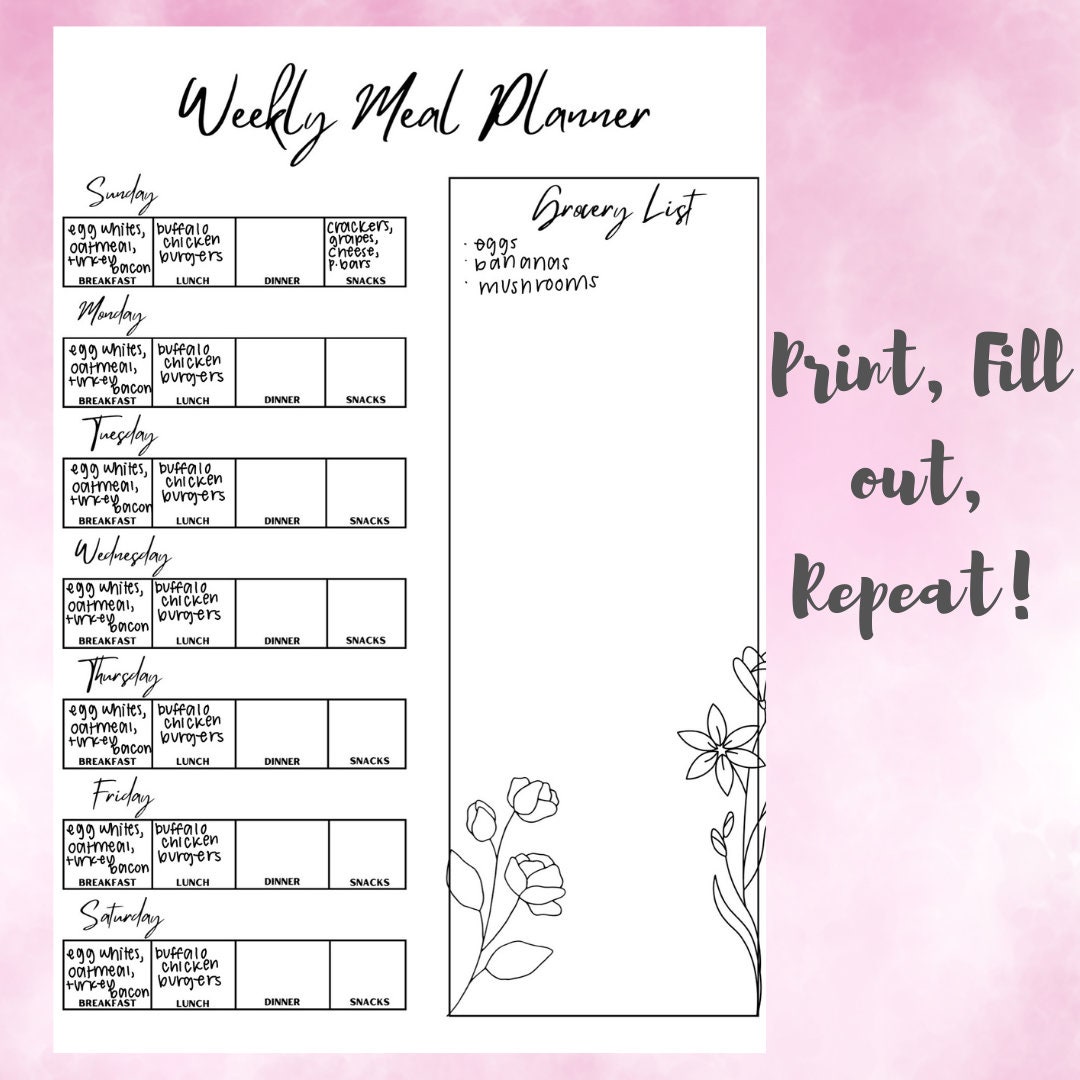 Portrait A4 Weekly Meal Planner With Grocery List Printable - Etsy
