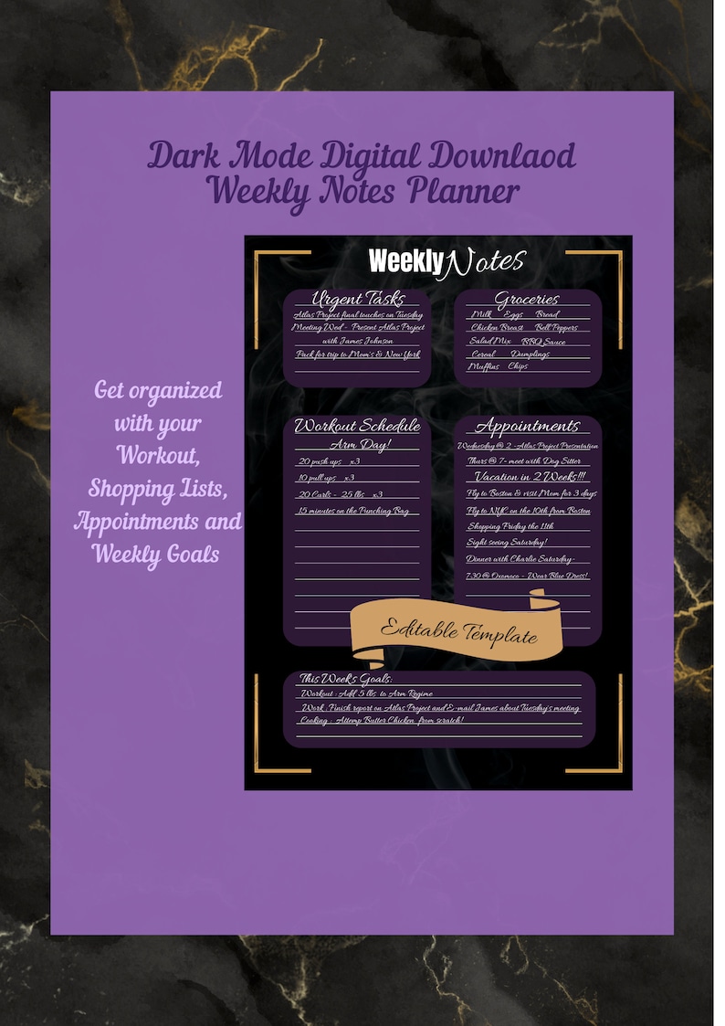 Dark Mode Canva Template Weekly Notes Planner - Etsy