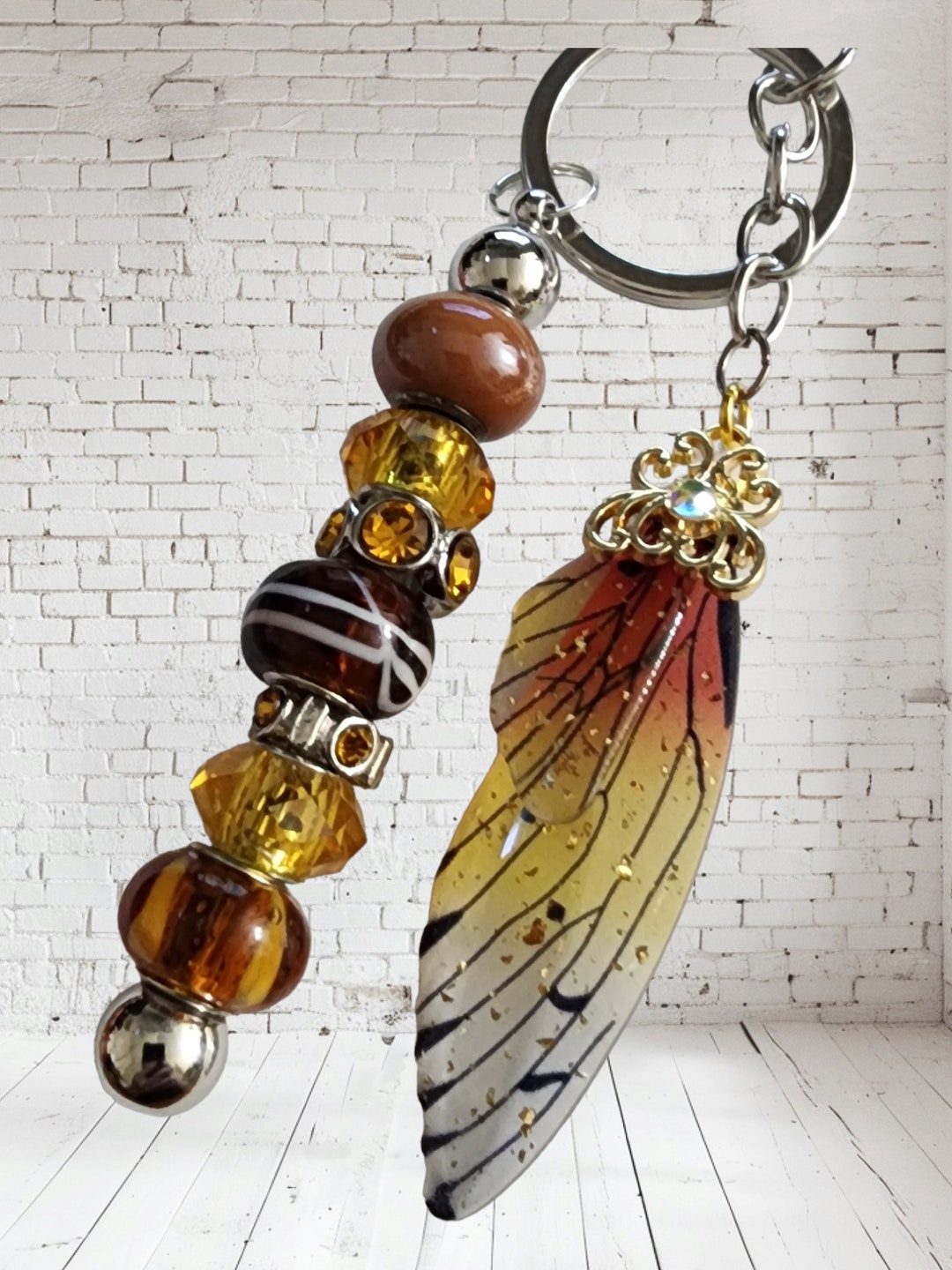 Handmade Beaded Butterfly Wing Keychain: Amber & Orange Glass Beads - Etsy