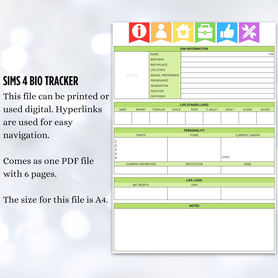 The Sims 4 Biography Tracker, Sim Profile Planner, Sims Only - Etsy