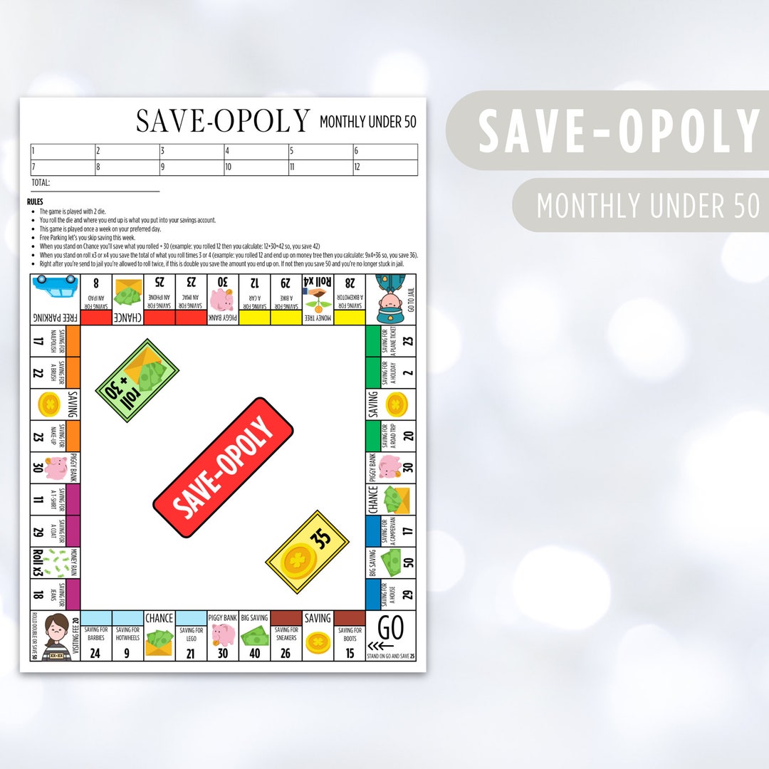 SAVE-OPOLY, Save Monthly Under 50, Monopoly Game, Saveopoly Fun Saving Challenge - Etsy