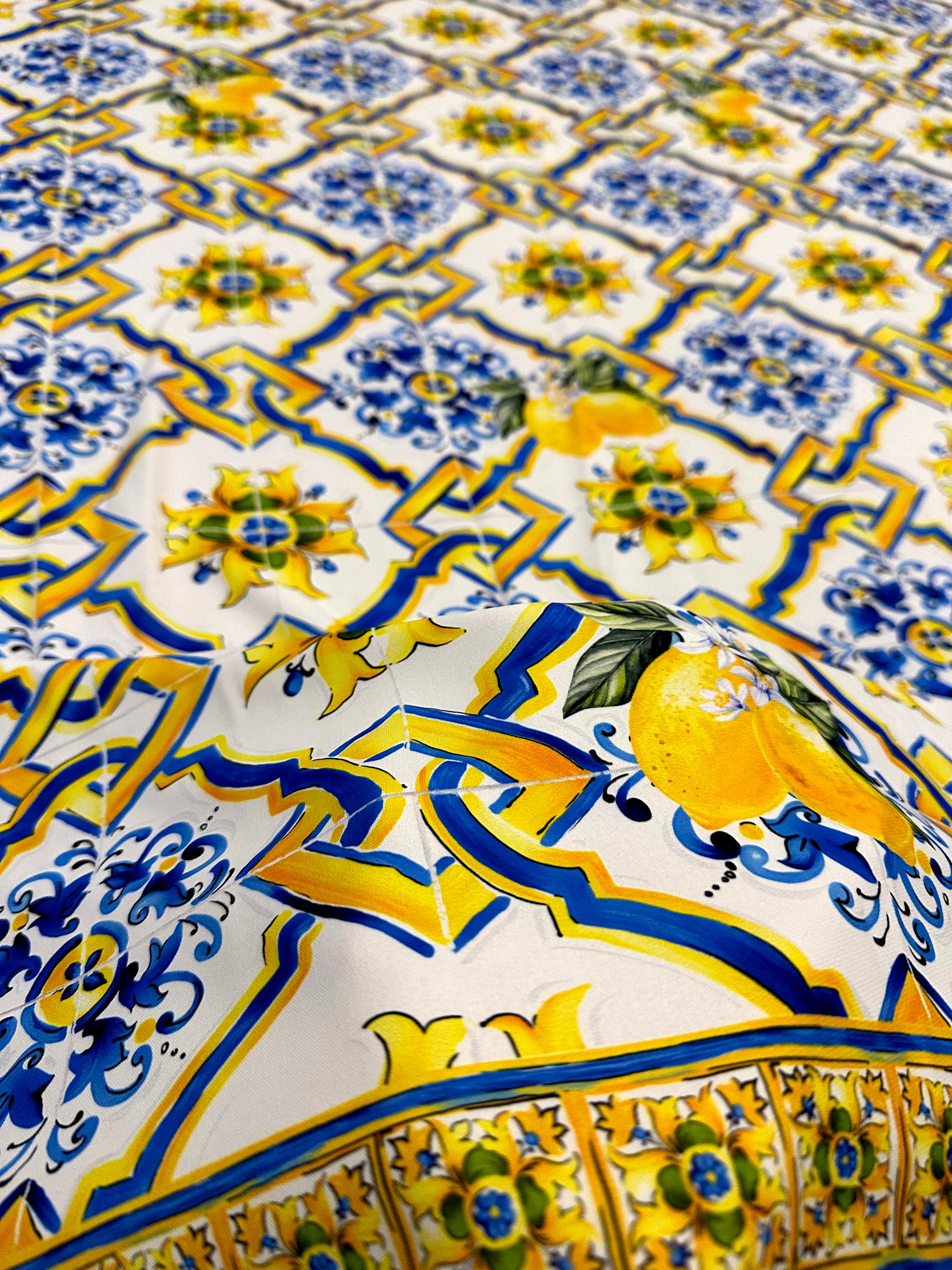 Sicilian Majolica Print Crepe Fabric / Lemon Branches and Mediterranean ...