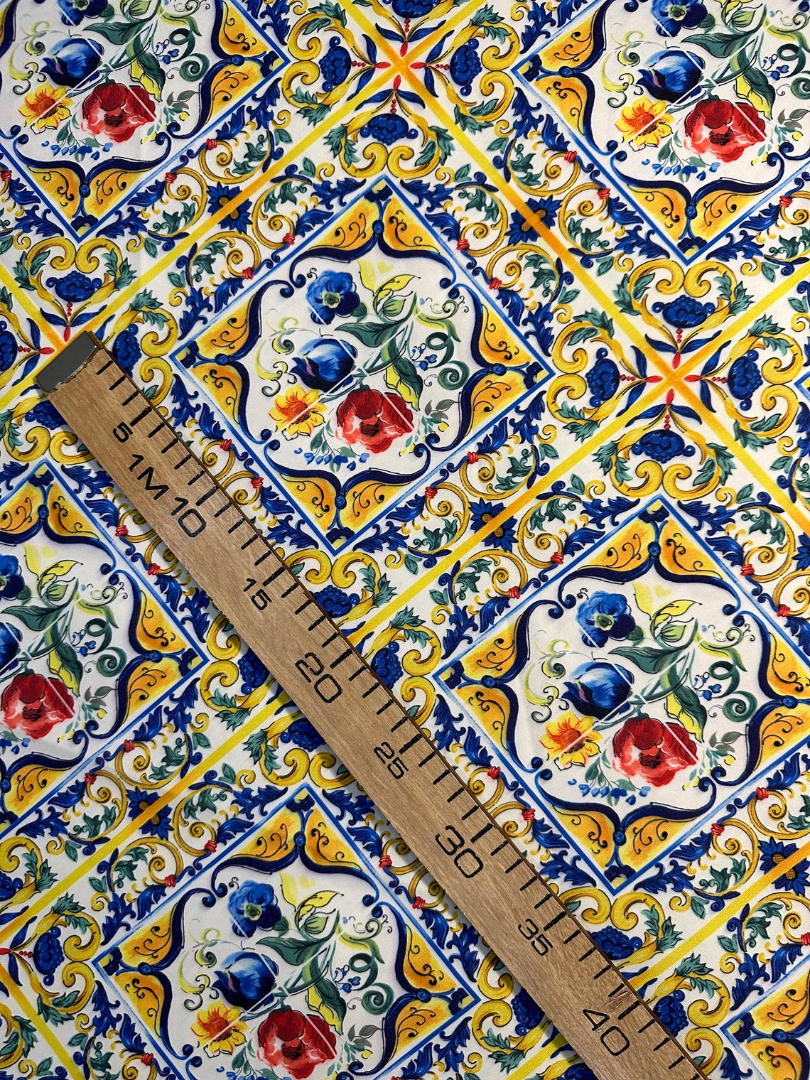 Italian Majolica Print Crepe Fabric, Sicilian Tile, Watercolor Floral ...
