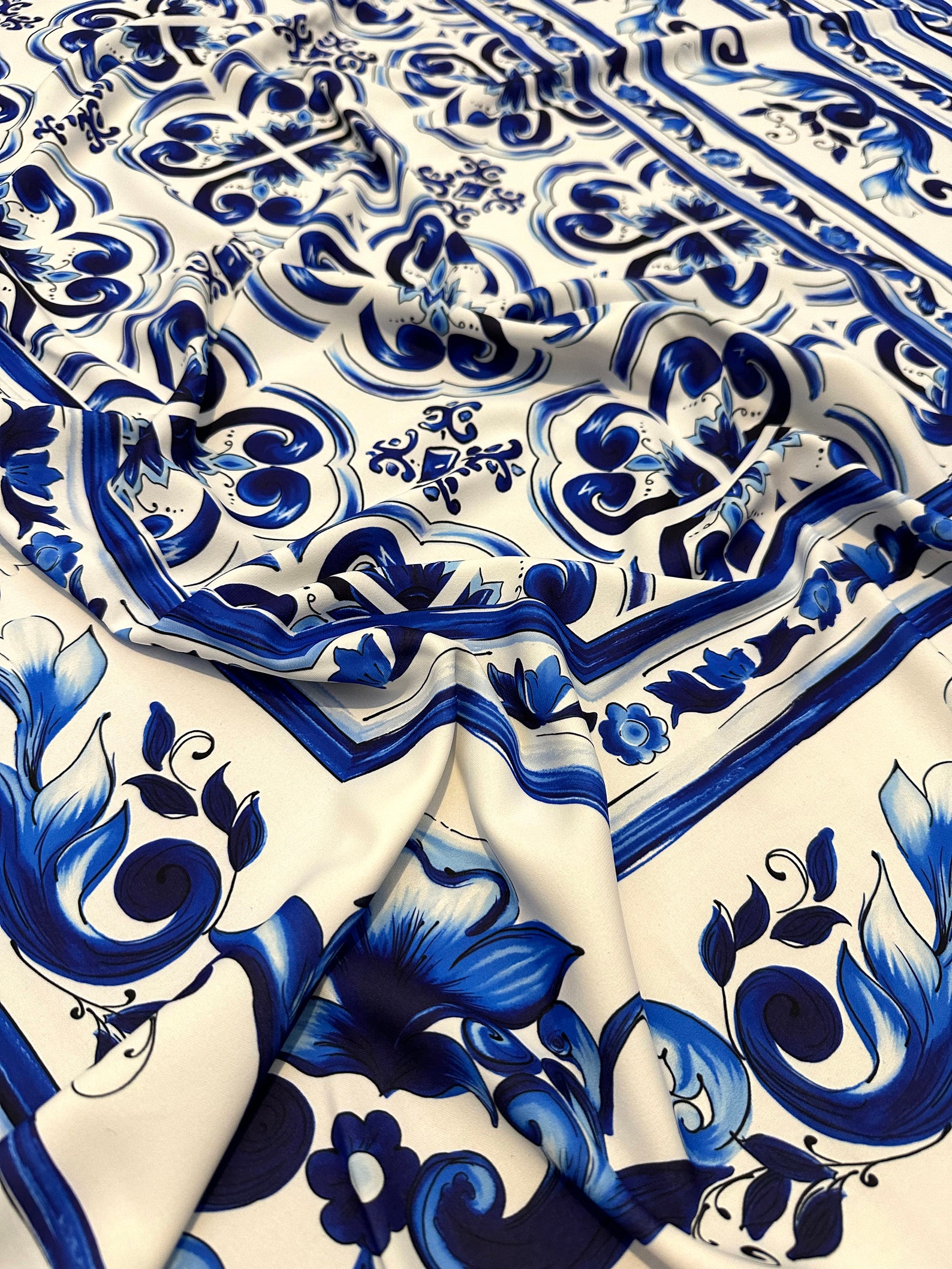 Blue Sicilian Majolica Print Crepe Fabric / Italian Style Fabric ...