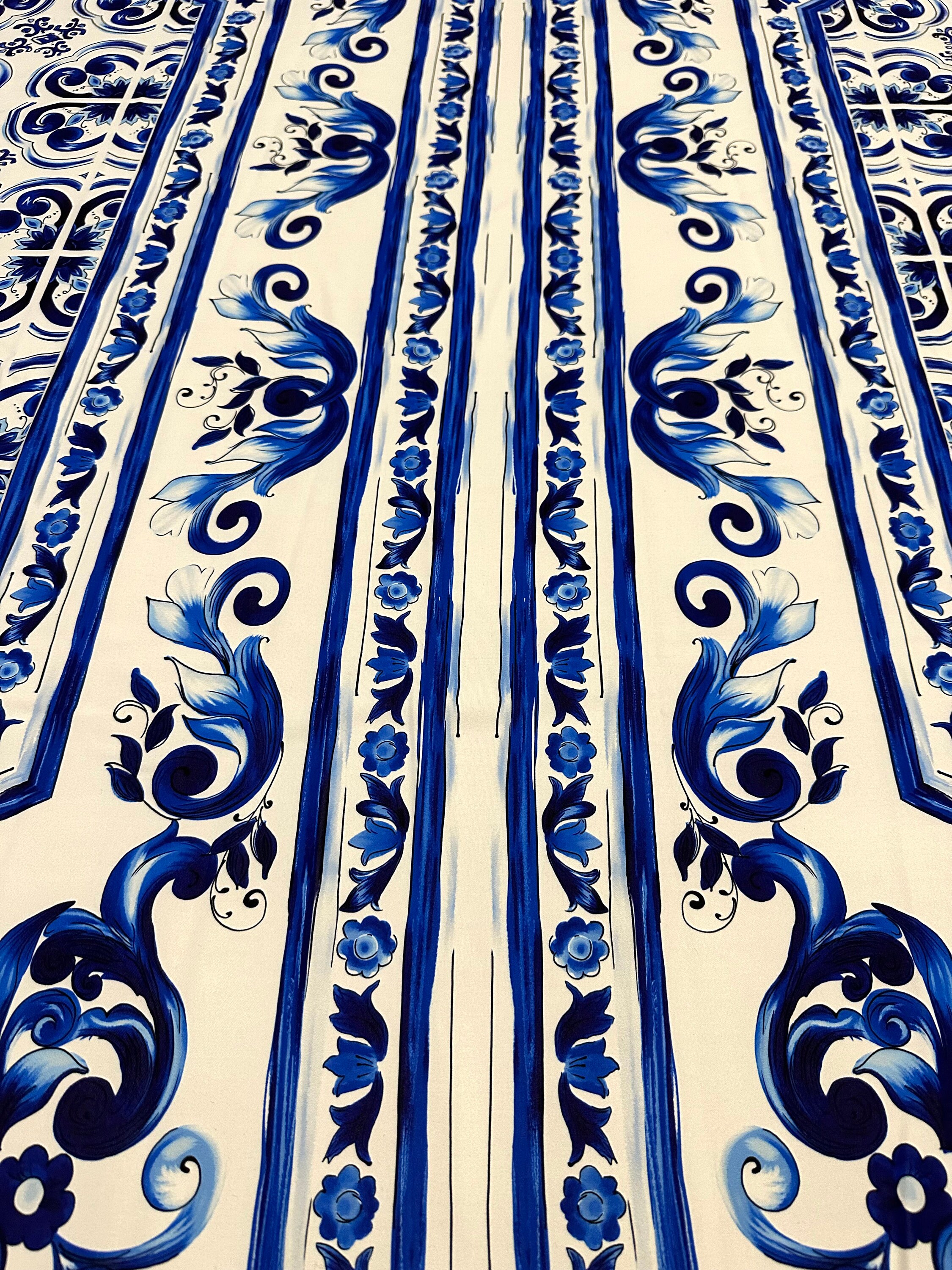 Blue Sicilian Majolica Print Crepe Fabric / Italian Style Fabric ...
