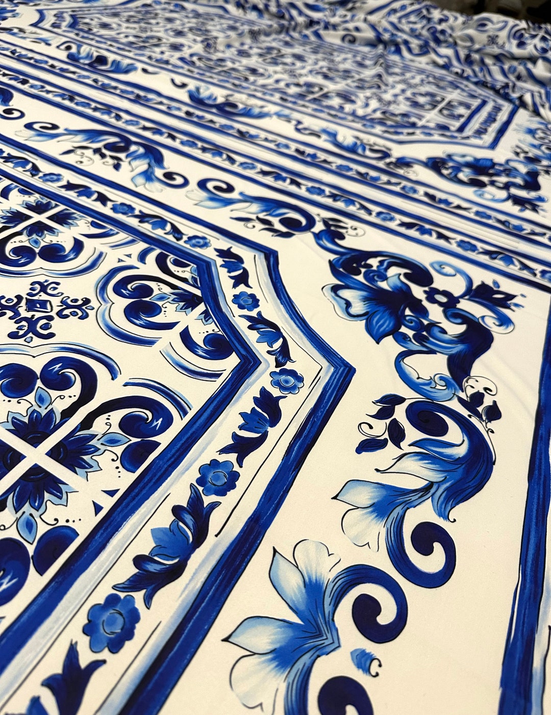 Blue Sicilian Majolica Print Crepe Fabric / Italian Style Fabric ...