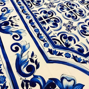 Blue Sicilian Majolica Print Crepe Fabric / Italian Style Fabric ...