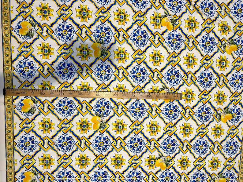 Sicilian Majolica Print Crepe Fabric / Lemon Branches and Mediterranean ...