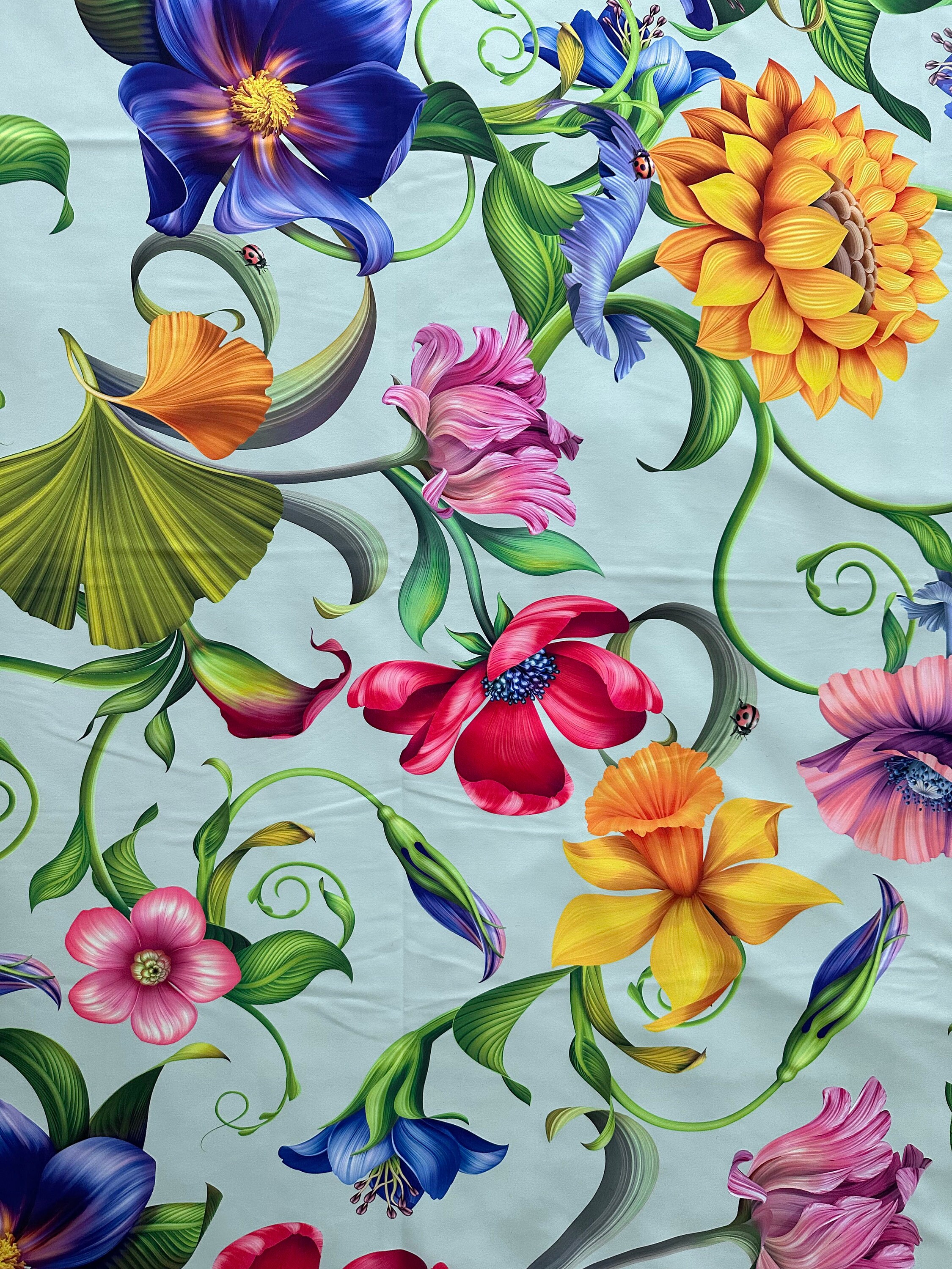 Big Floral Print Crepe Fabric / Vibrantly Colored Botanical Print ...